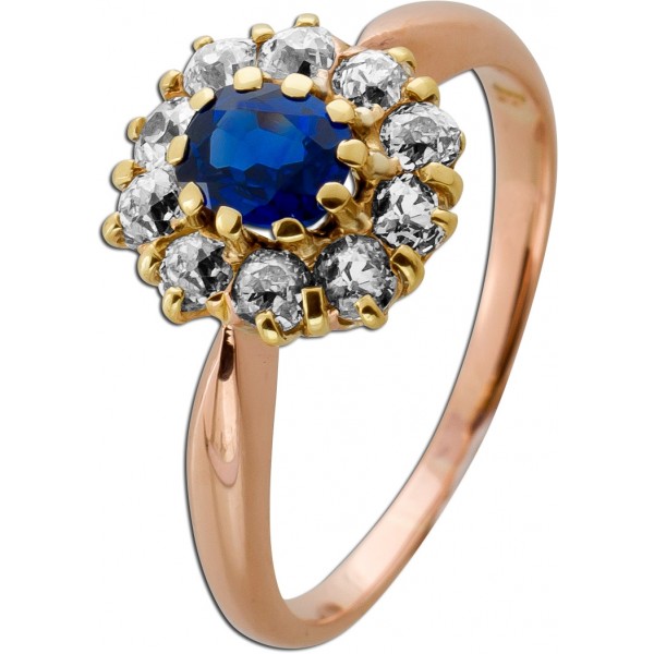 Saphirring Rosegold 750 blauer Saphir 10 Diamanten 0.80ct. W VS